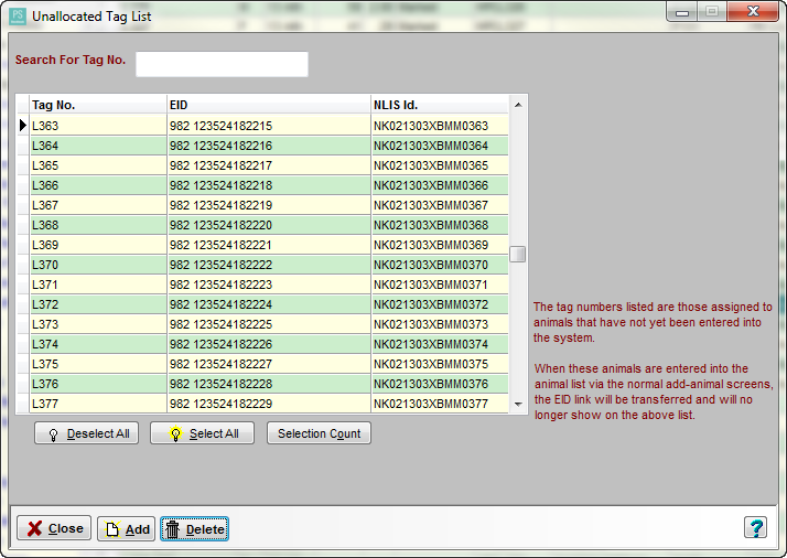 Moving multiple tags from the unallocated tag list into Stockbook